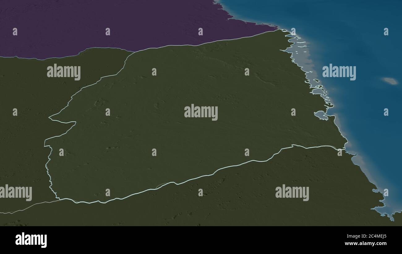 Zoom in on Cabo Delgado (province of Mozambique) outlined. Oblique ...