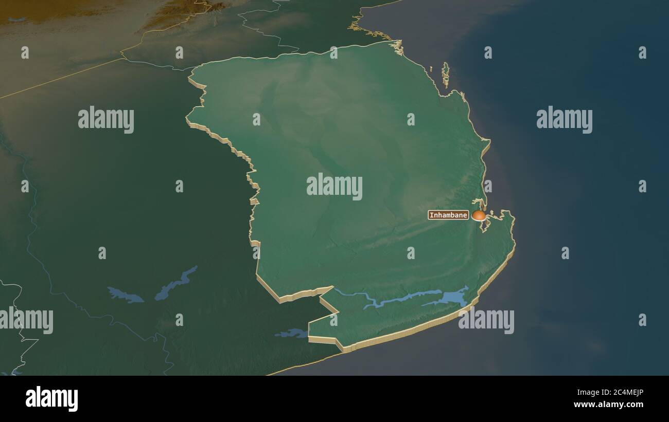 Zoom in on Inhambane (province of Mozambique) extruded. Oblique ...