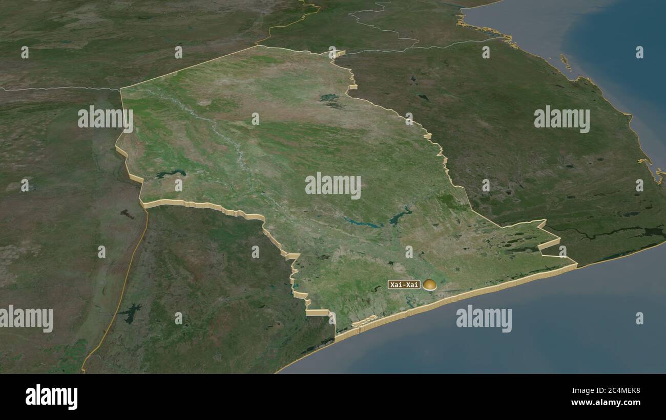 Zoom in on Gaza (province of Mozambique) extruded. Oblique perspective. Satellite imagery. 3D ...