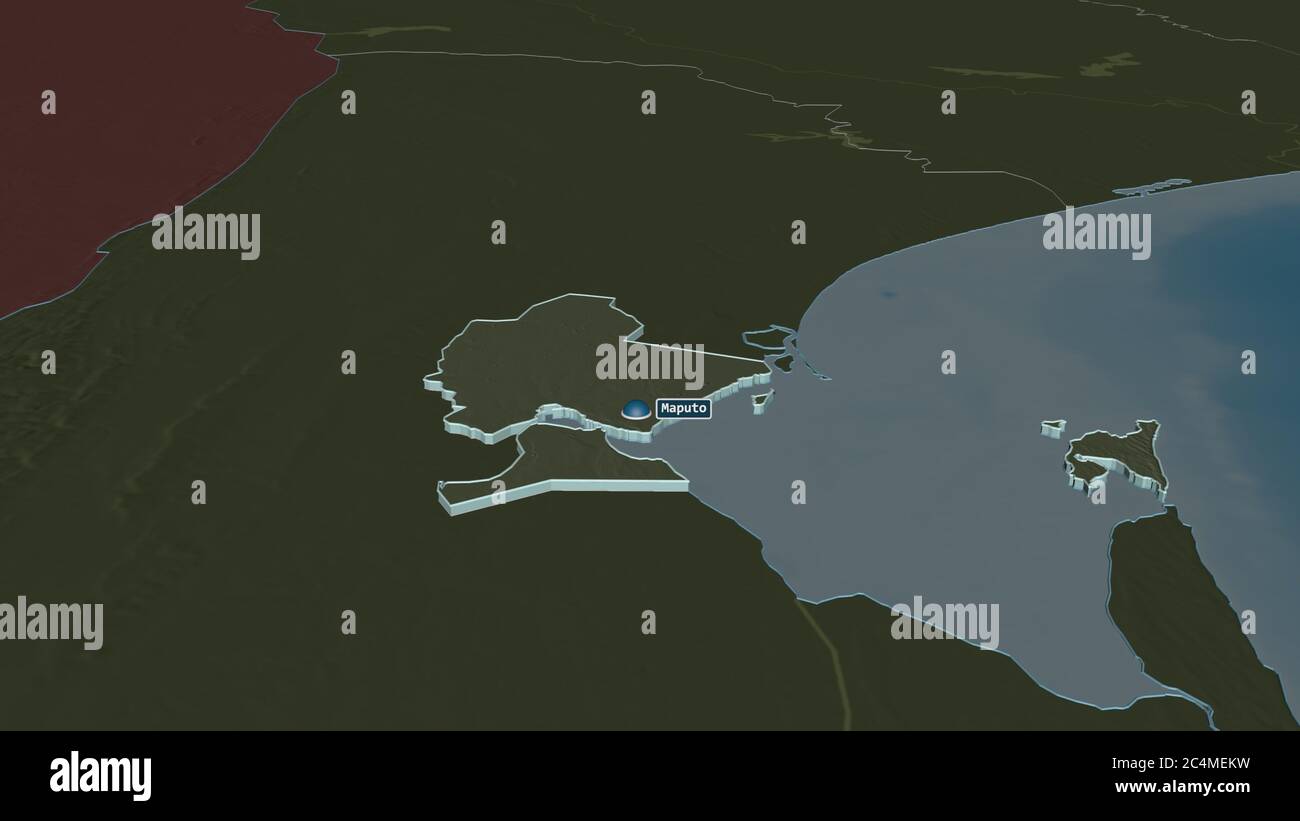 Zoom in on Maputo City (province of Mozambique) extruded. Oblique perspective. Colored and ...