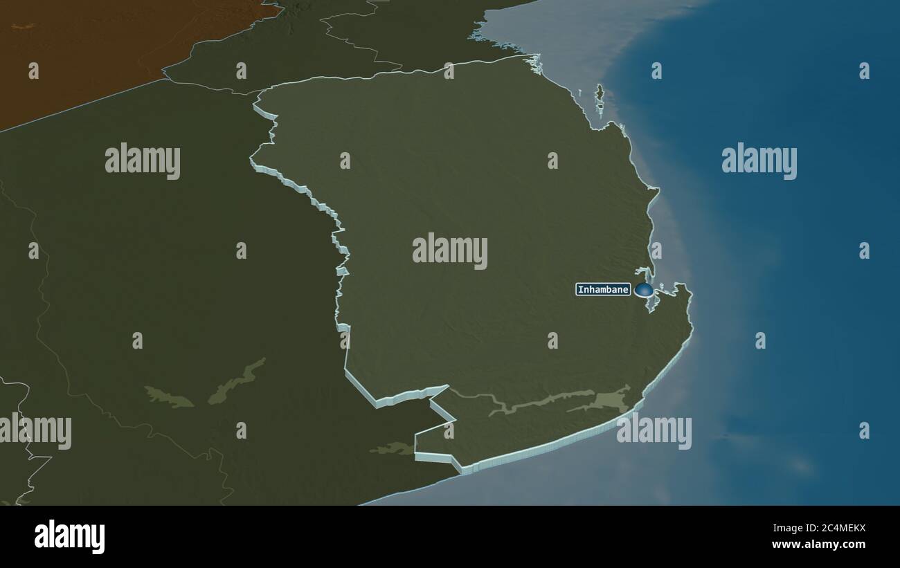 Zoom in on Inhambane (province of Mozambique) extruded. Oblique ...
