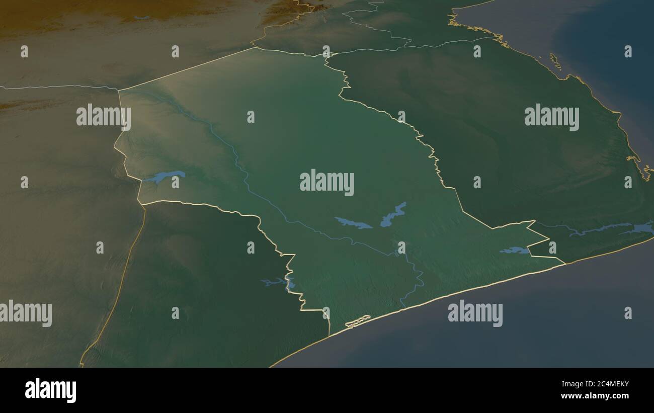 Zoom in on Gaza (province of Mozambique) outlined. Oblique perspective ...