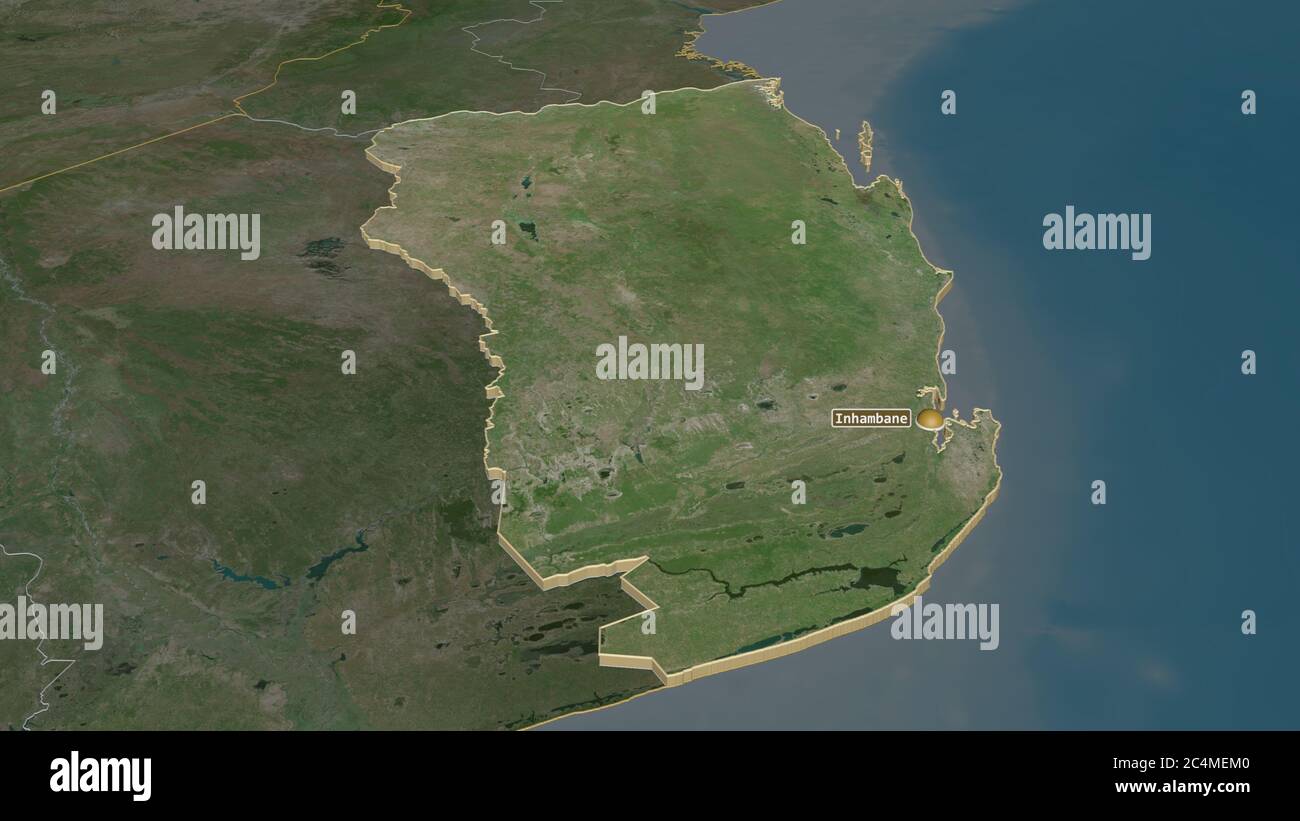Zoom in on Inhambane (province of Mozambique) extruded. Oblique perspective. Satellite imagery ...