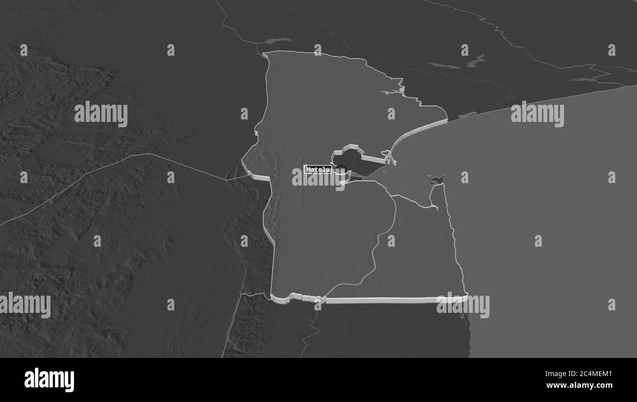 Zoom in on Maputo (province of Mozambique) extruded. Oblique perspective. Bilevel elevation map ...