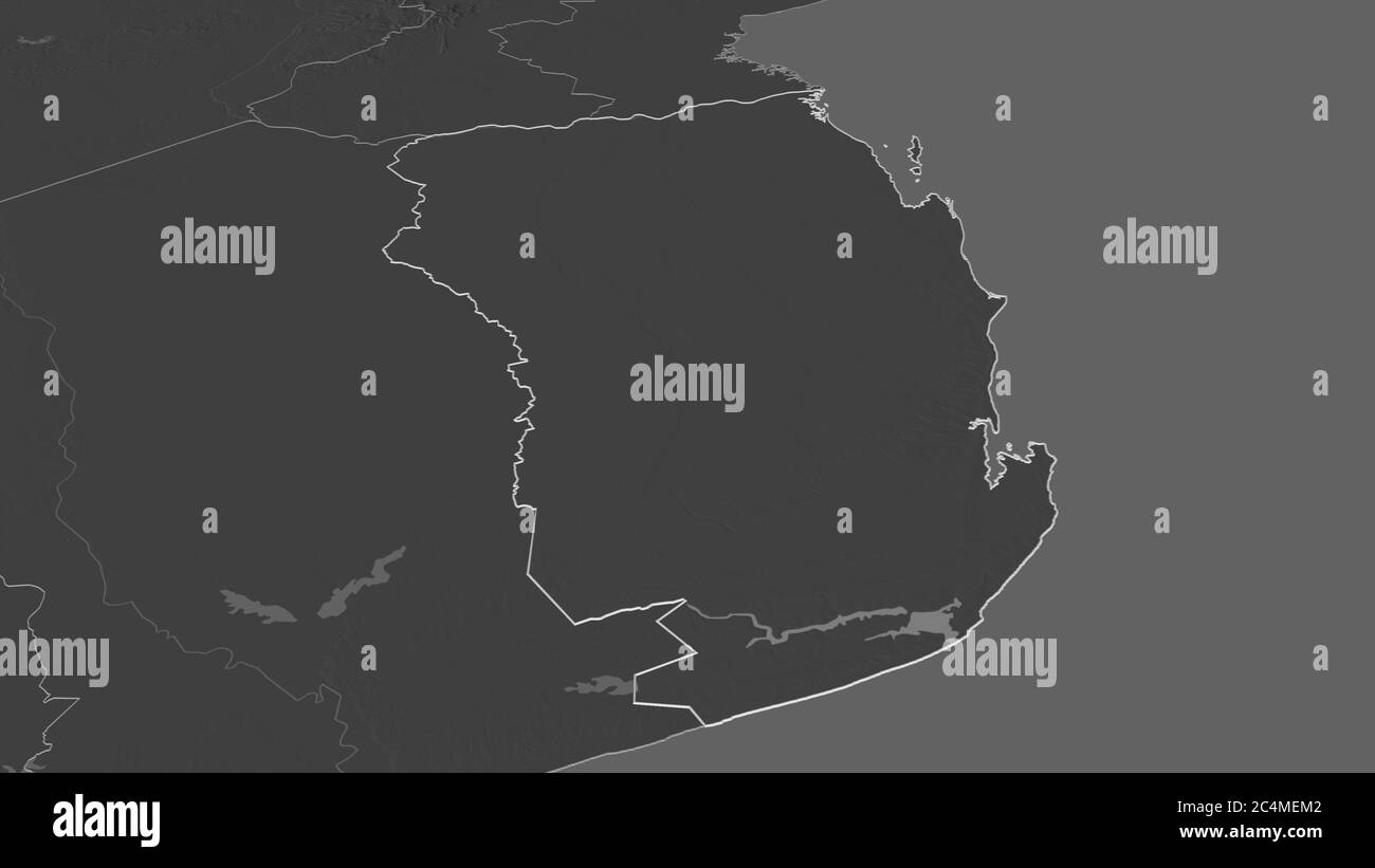 Zoom in on Inhambane (province of Mozambique) outlined. Oblique ...