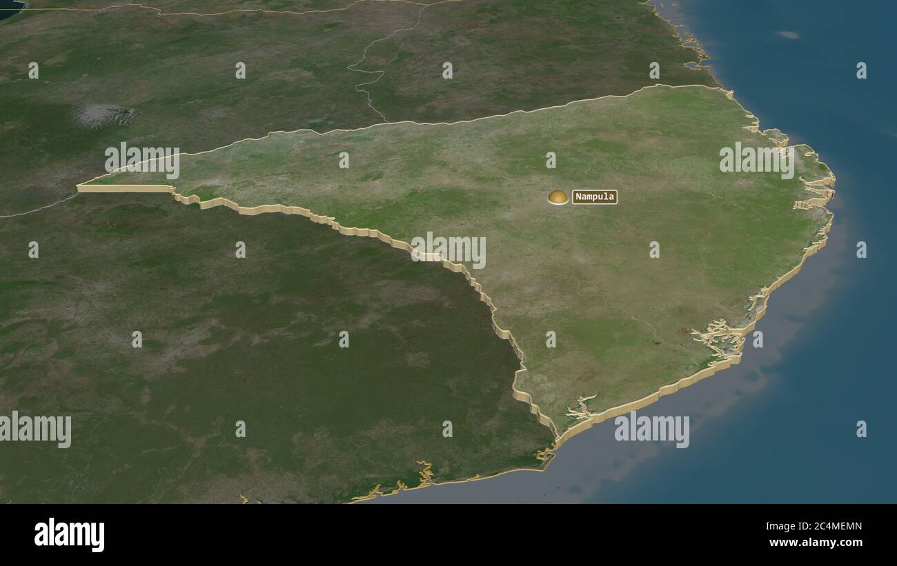 Zoom in on Nampula (province of Mozambique) extruded. Oblique perspective. Satellite imagery. 3D ...