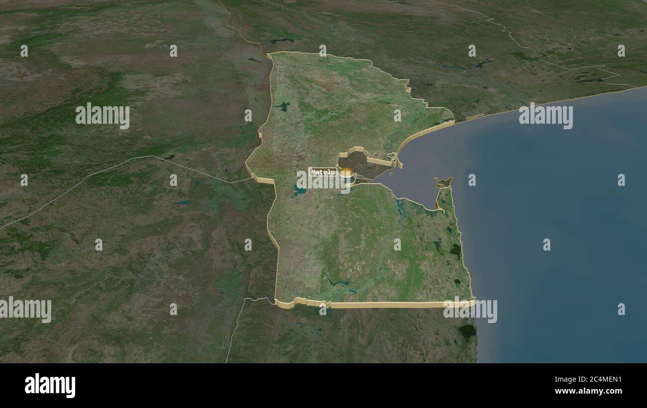 Zoom in on Maputo (province of Mozambique) extruded. Oblique perspective. Satellite imagery. 3D ...