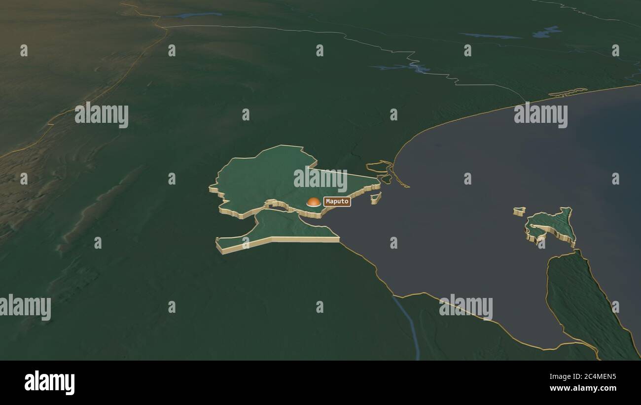 Zoom in on Maputo City (province of Mozambique) extruded. Oblique perspective. Topographic ...