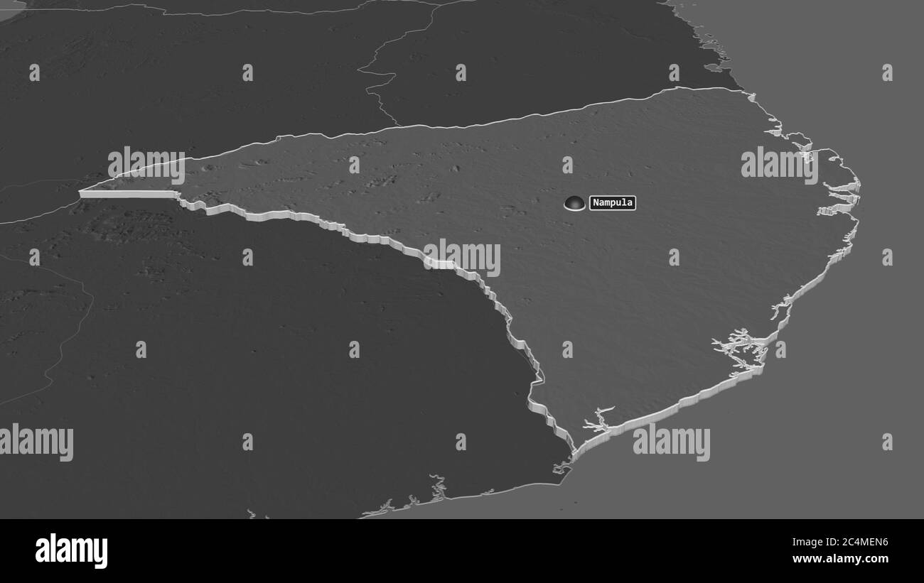 Zoom in on Nampula (province of Mozambique) extruded. Oblique ...