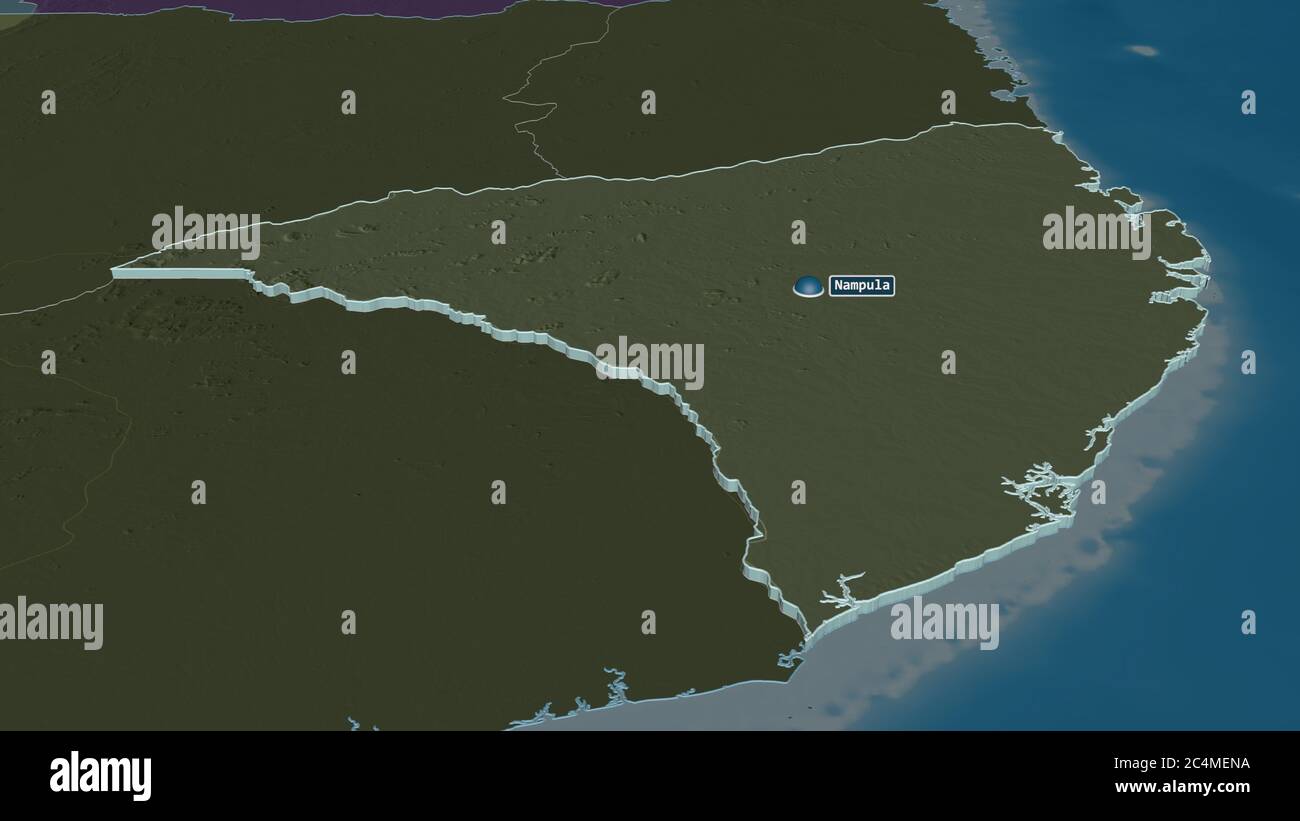 Zoom in on Nampula (province of Mozambique) extruded. Oblique ...