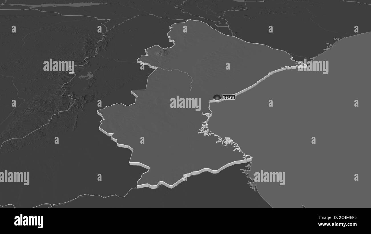 Zoom in on Sofala (province of Mozambique) extruded. Oblique ...