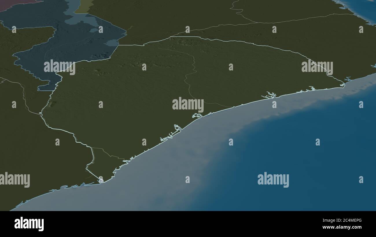 Zoom in on Zambezia (province of Mozambique) outlined. Oblique ...