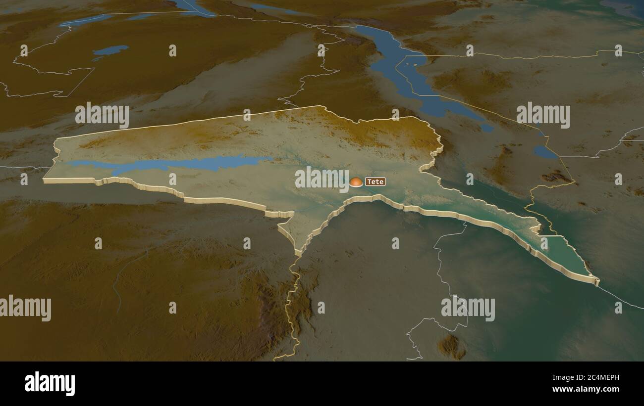 Zoom in on Tete (province of Mozambique) extruded. Oblique perspective ...