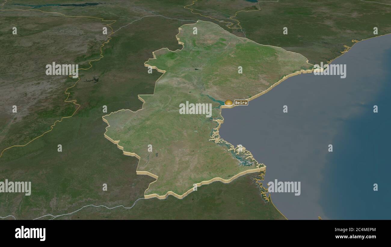 Zoom in on Sofala (province of Mozambique) extruded. Oblique ...