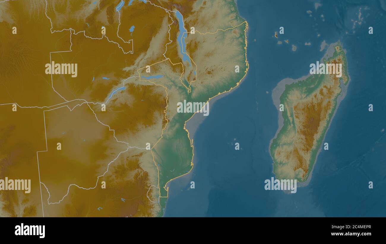 Outlined shape of the Mozambique area. Topographic relief map with ...