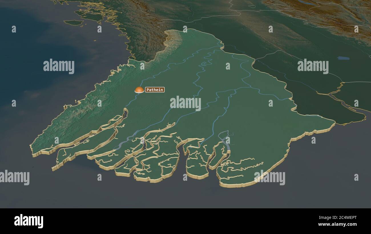 Zoom in on Ayeyarwady (division of Myanmar) extruded. Oblique ...