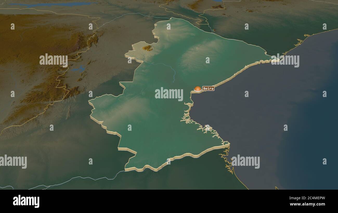 Zoom in on Sofala (province of Mozambique) extruded. Oblique ...