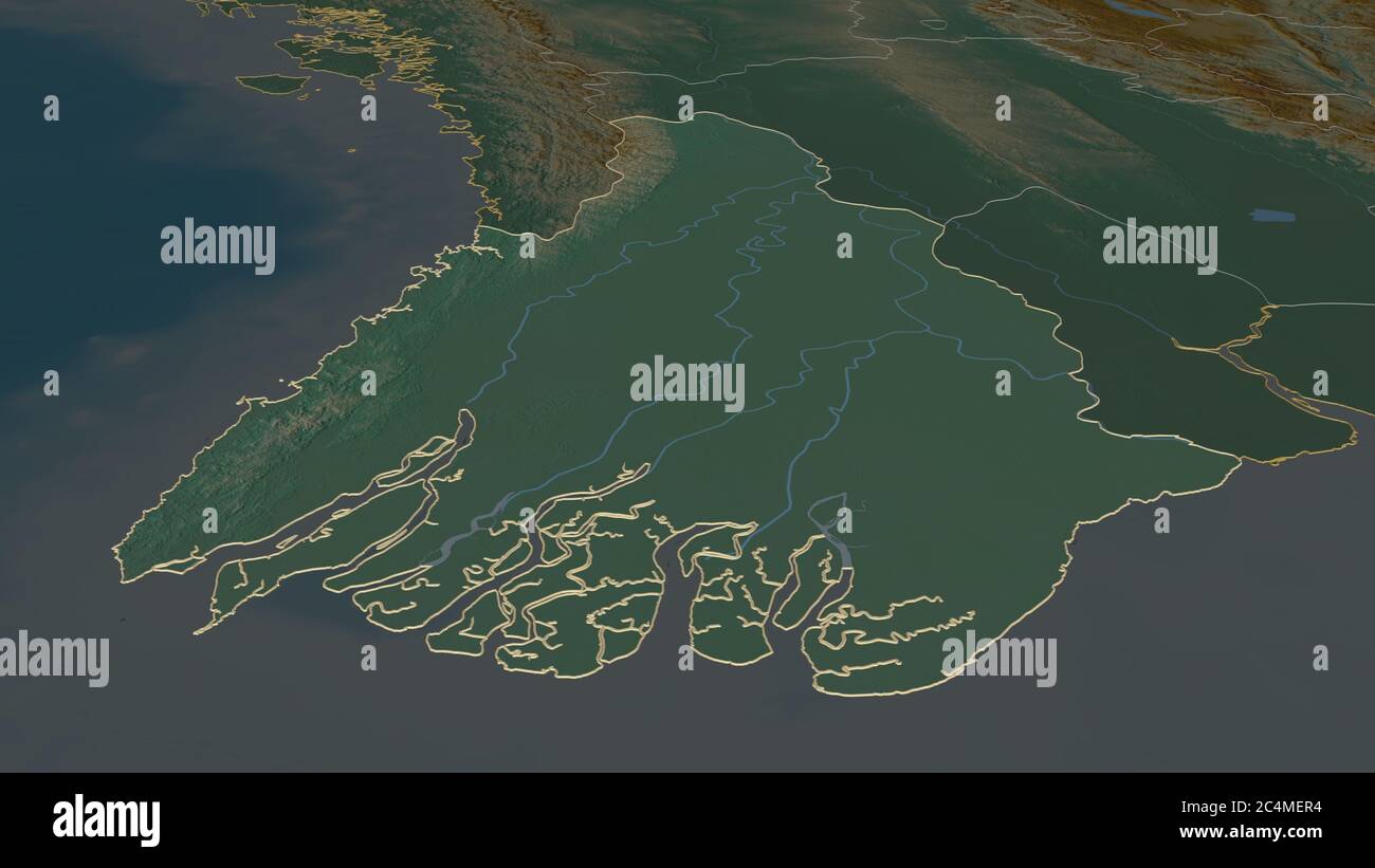 Zoom in on Ayeyarwady (division of Myanmar) outlined. Oblique ...