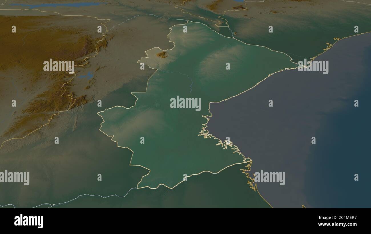 Zoom in on Sofala (province of Mozambique) outlined. Oblique ...