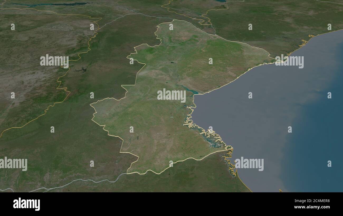 Zoom in on Sofala (province of Mozambique) outlined. Oblique ...