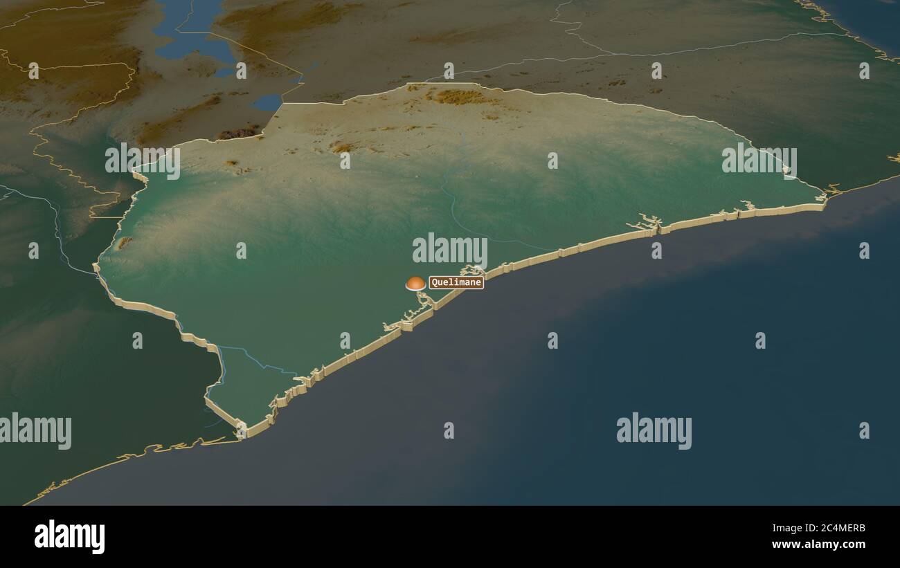 Zoom in on Zambezia (province of Mozambique) extruded. Oblique ...