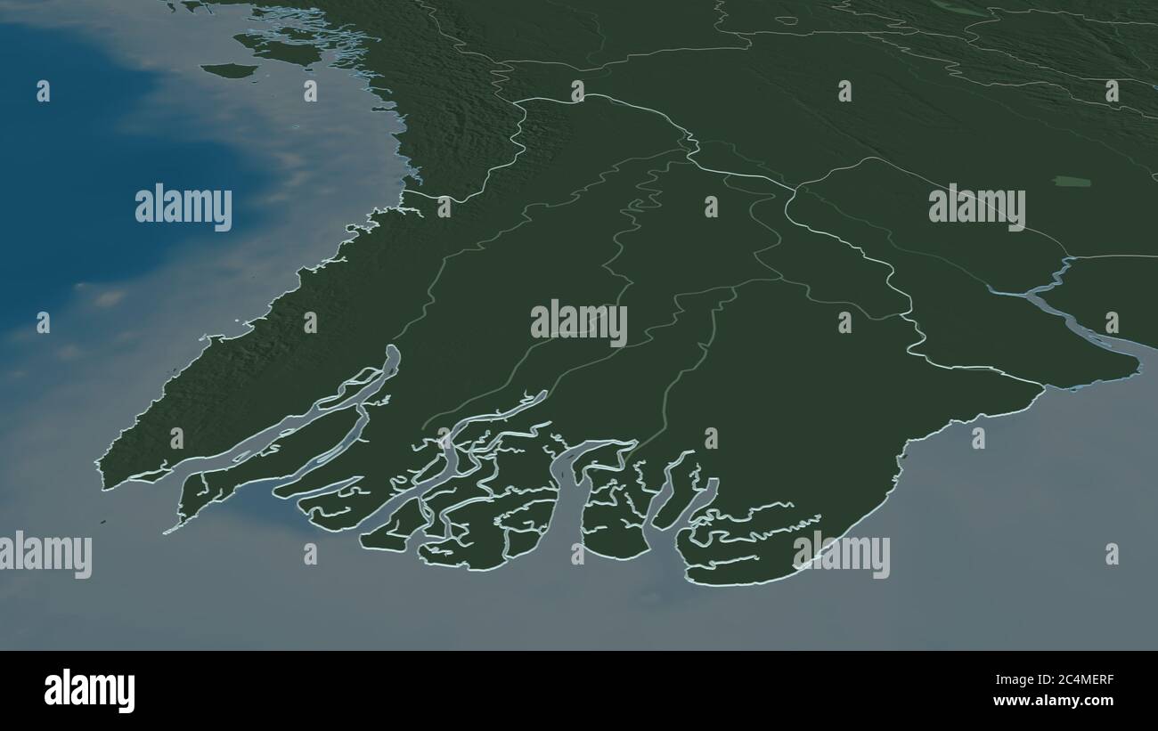 Zoom in on Ayeyarwady (division of Myanmar) outlined. Oblique ...