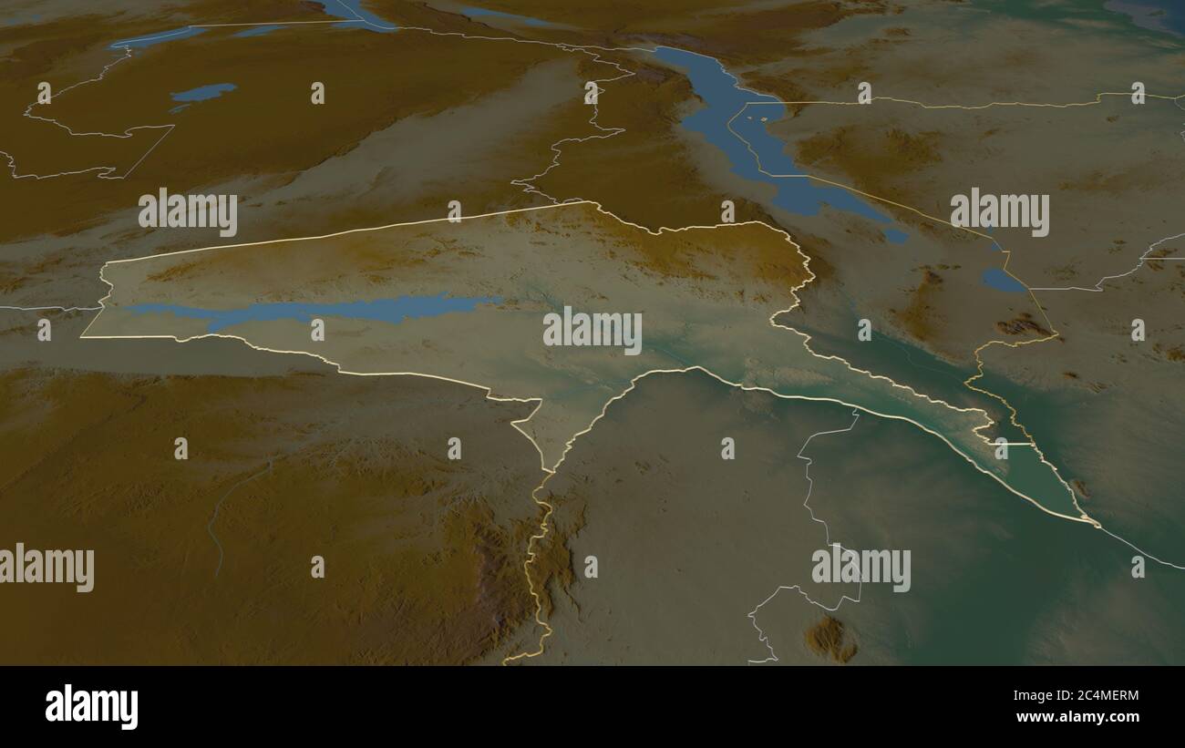 Zoom in on Tete (province of Mozambique) outlined. Oblique perspective ...