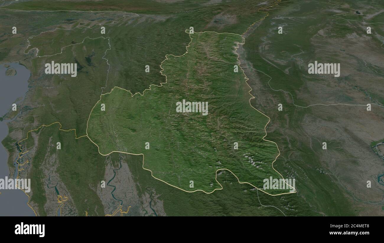 Zoom in on Chin (state of Myanmar) outlined. Oblique perspective ...