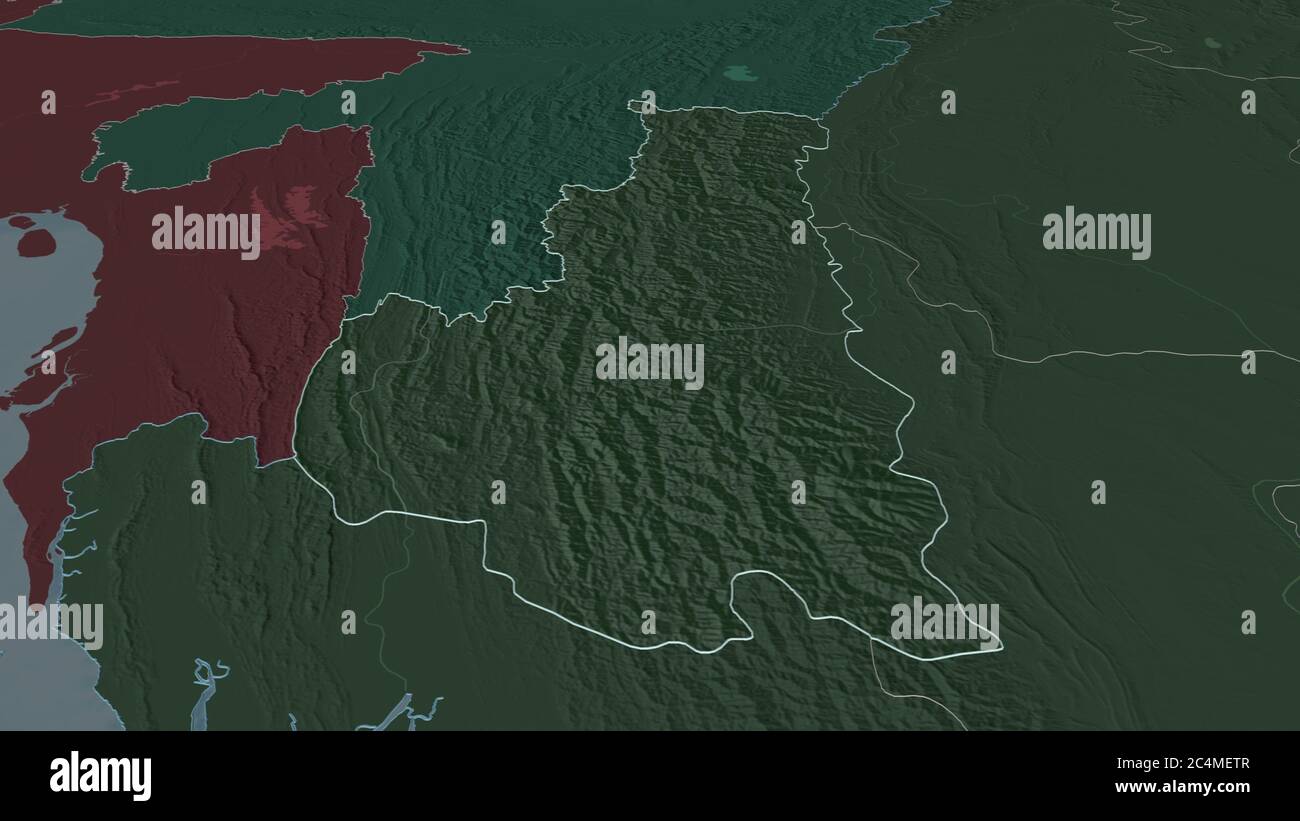 Zoom in on Chin (state of Myanmar) outlined. Oblique perspective ...