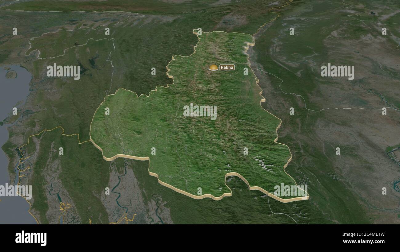 Zoom in on Chin (state of Myanmar) extruded. Oblique perspective ...