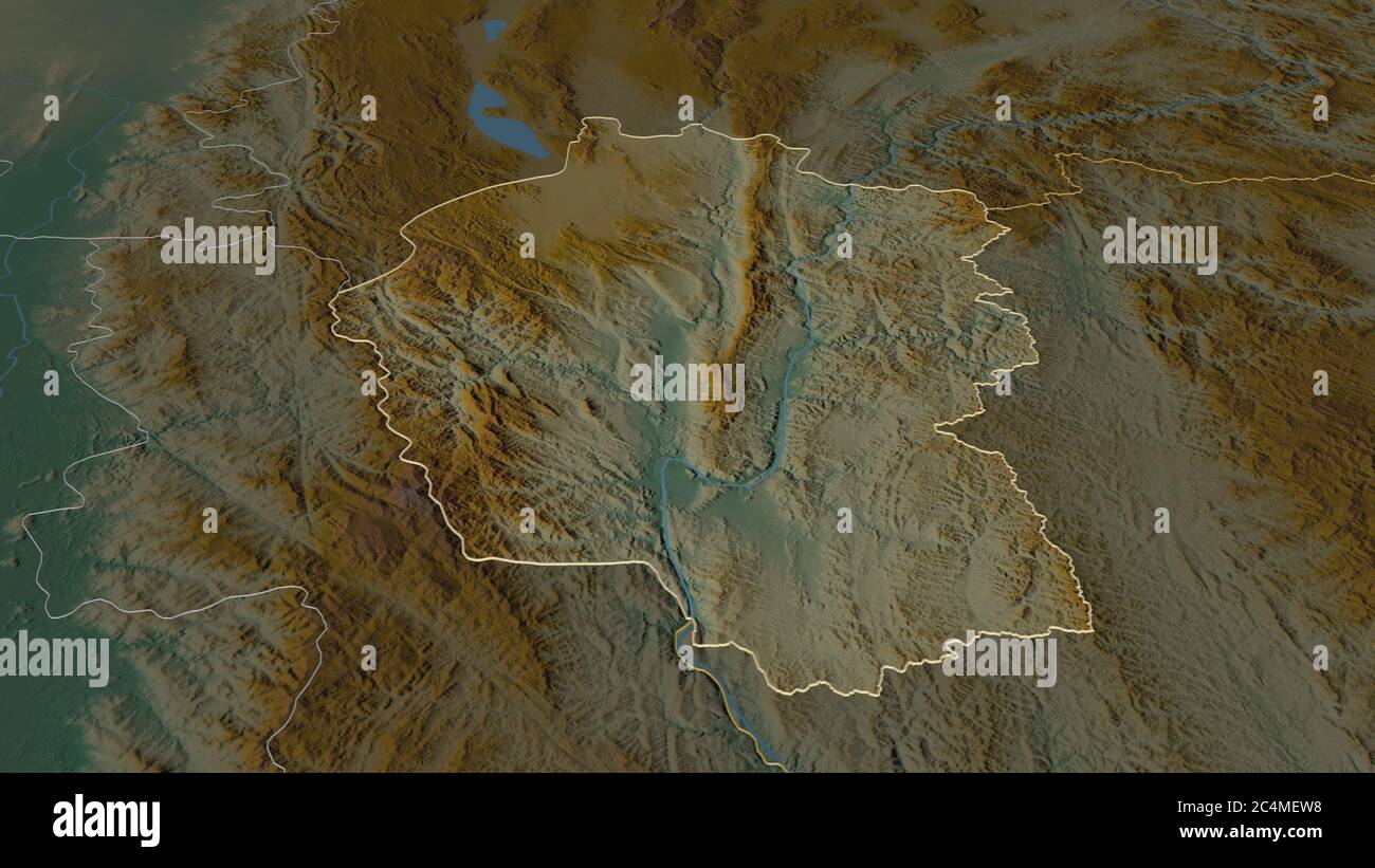 Zoom in on Kayah (state of Myanmar) outlined. Oblique perspective ...