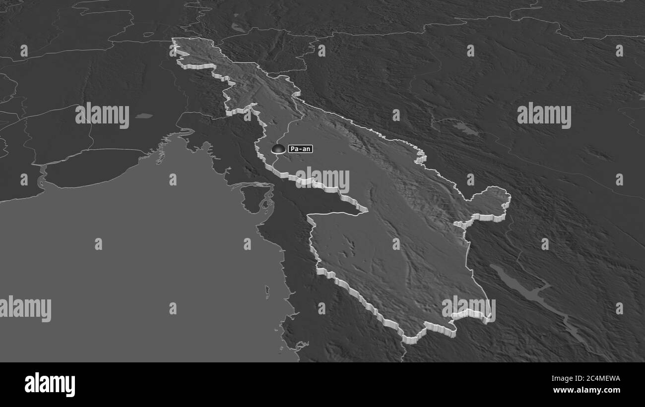 Zoom in on Kayin (state of Myanmar) extruded. Oblique perspective ...