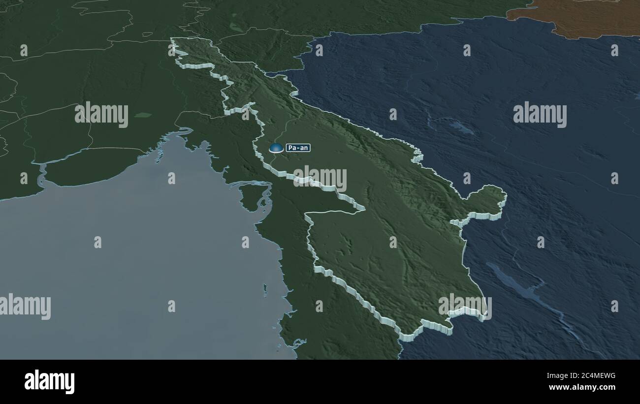 Zoom in on Kayin (state of Myanmar) extruded. Oblique perspective ...