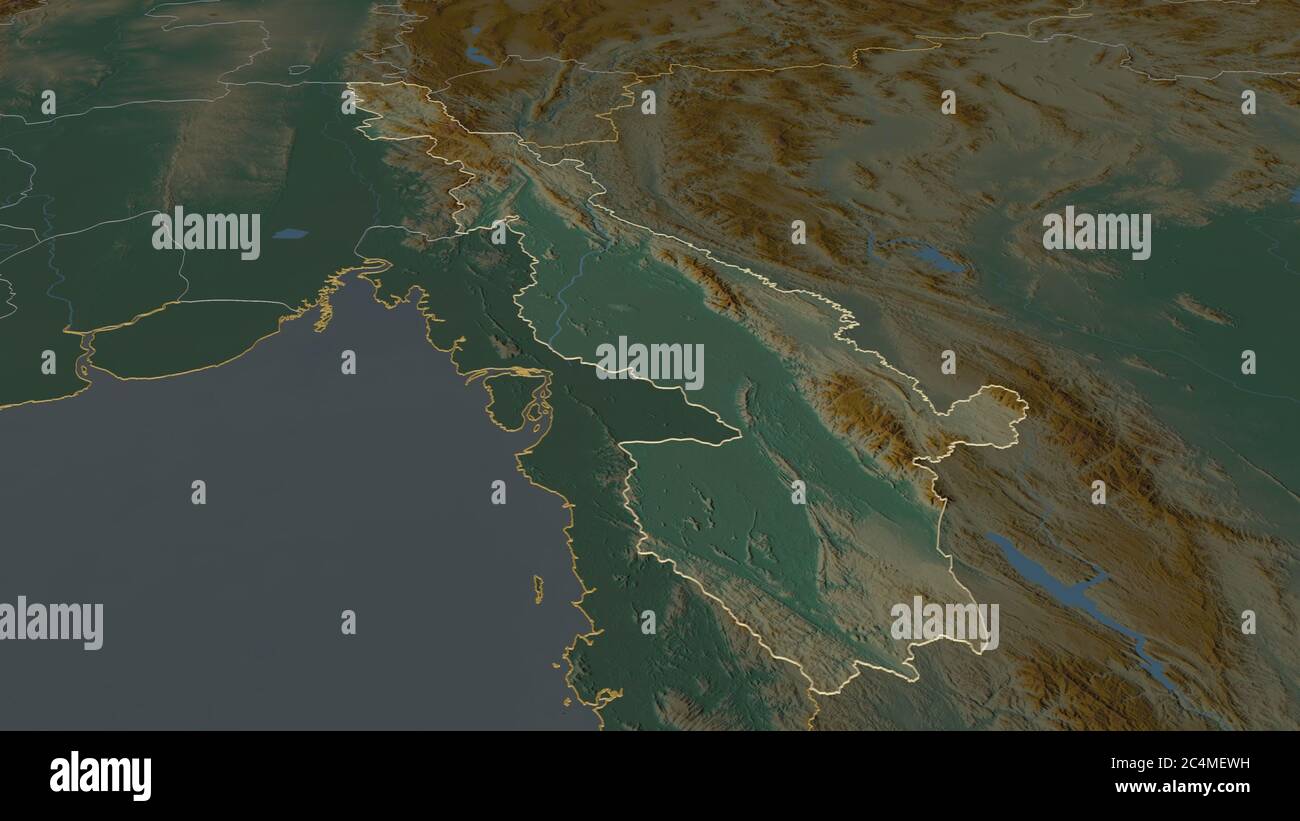 Zoom in on Kayin (state of Myanmar) outlined. Oblique perspective ...