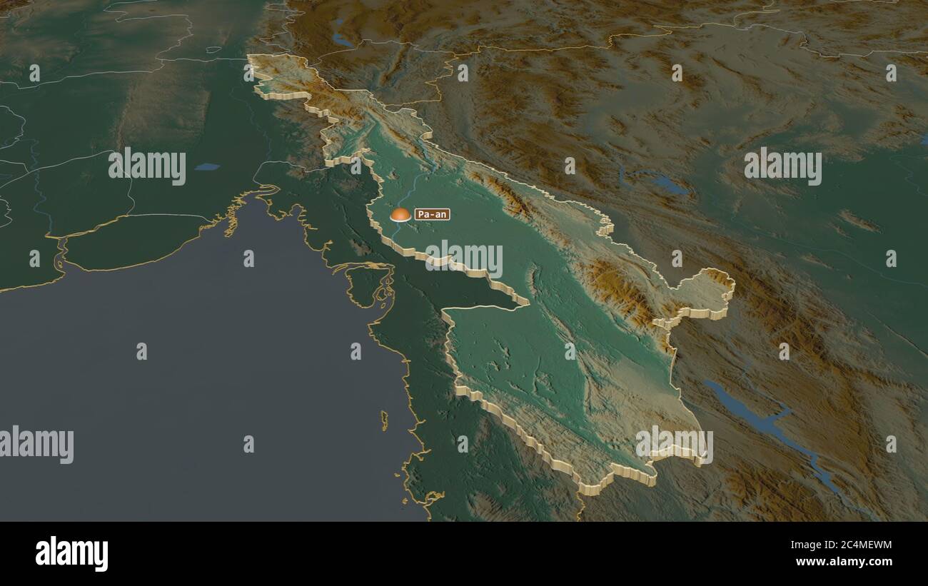 Zoom in on Kayin (state of Myanmar) extruded. Oblique perspective ...