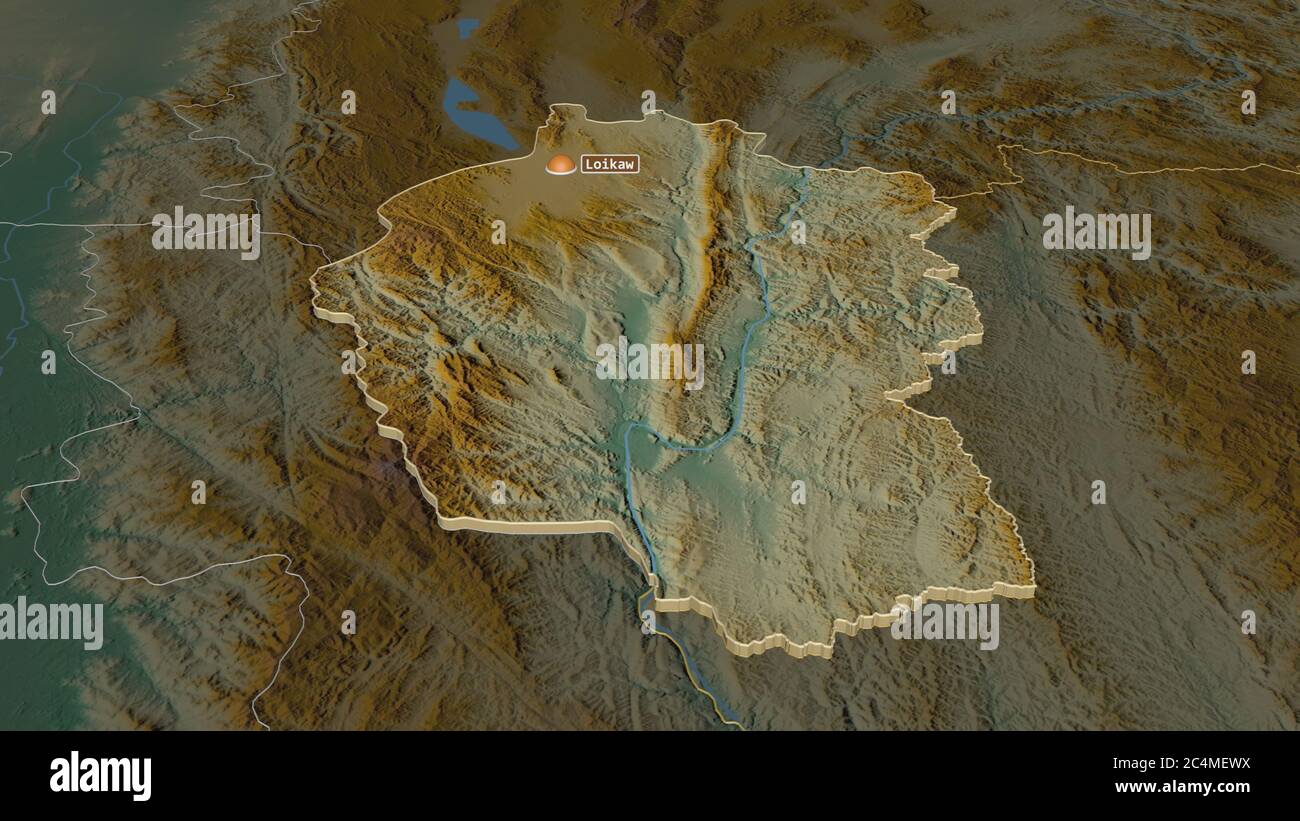 Zoom in on Kayah (state of Myanmar) extruded. Oblique perspective ...