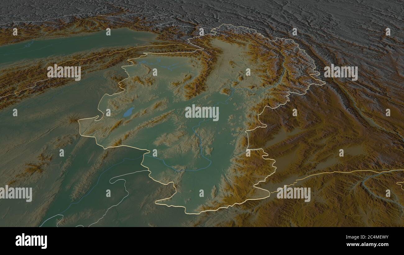 Zoom in on Kachin (state of Myanmar) outlined. Oblique perspective ...