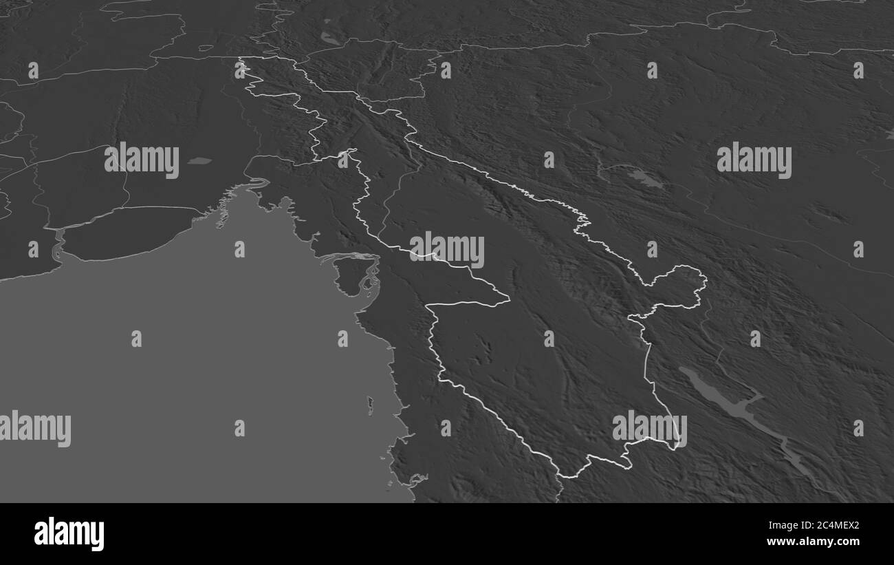 Zoom in on Kayin (state of Myanmar) outlined. Oblique perspective ...