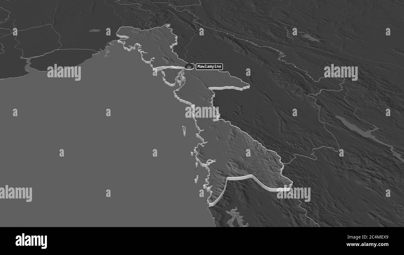 Zoom in on Mon (state of Myanmar) extruded. Oblique perspective ...
