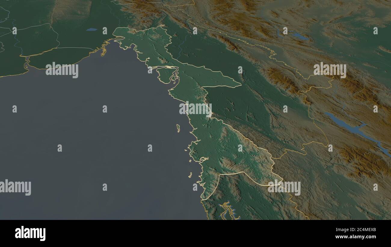 Zoom in on Mon (state of Myanmar) outlined. Oblique perspective ...