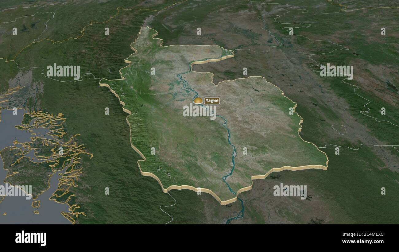 Zoom in on Magway (division of Myanmar) extruded. Oblique perspective ...