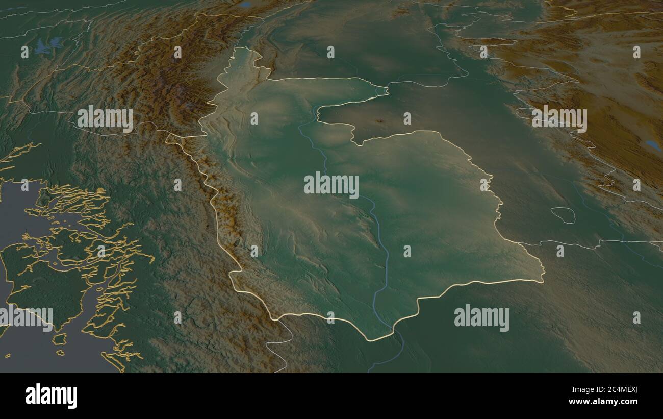Zoom in on Magway (division of Myanmar) outlined. Oblique perspective ...