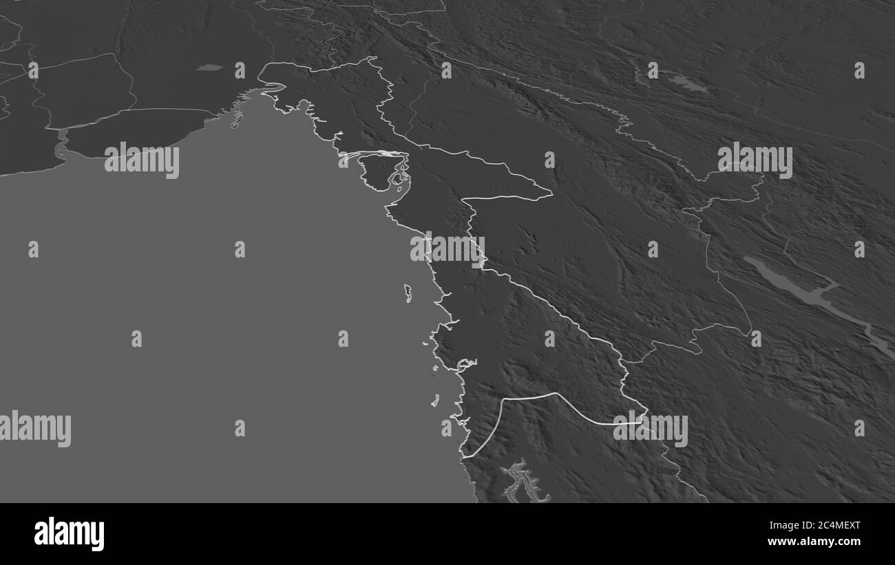 Zoom in on Mon (state of Myanmar) outlined. Oblique perspective ...