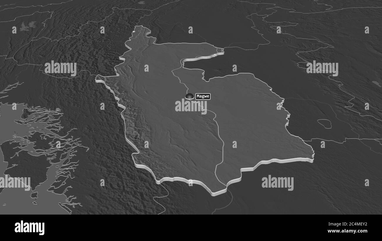 Zoom in on Magway (division of Myanmar) extruded. Oblique perspective ...