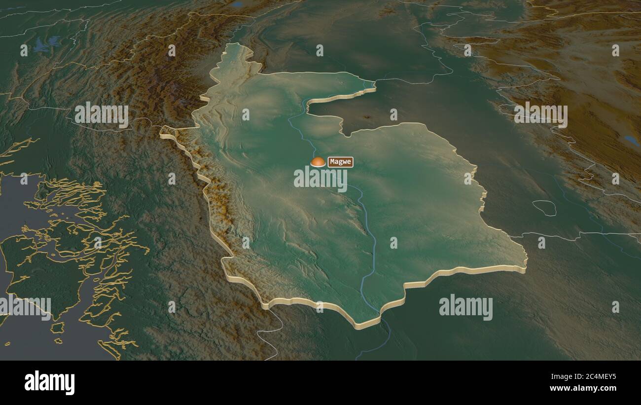 Zoom in on Magway (division of Myanmar) extruded. Oblique perspective ...