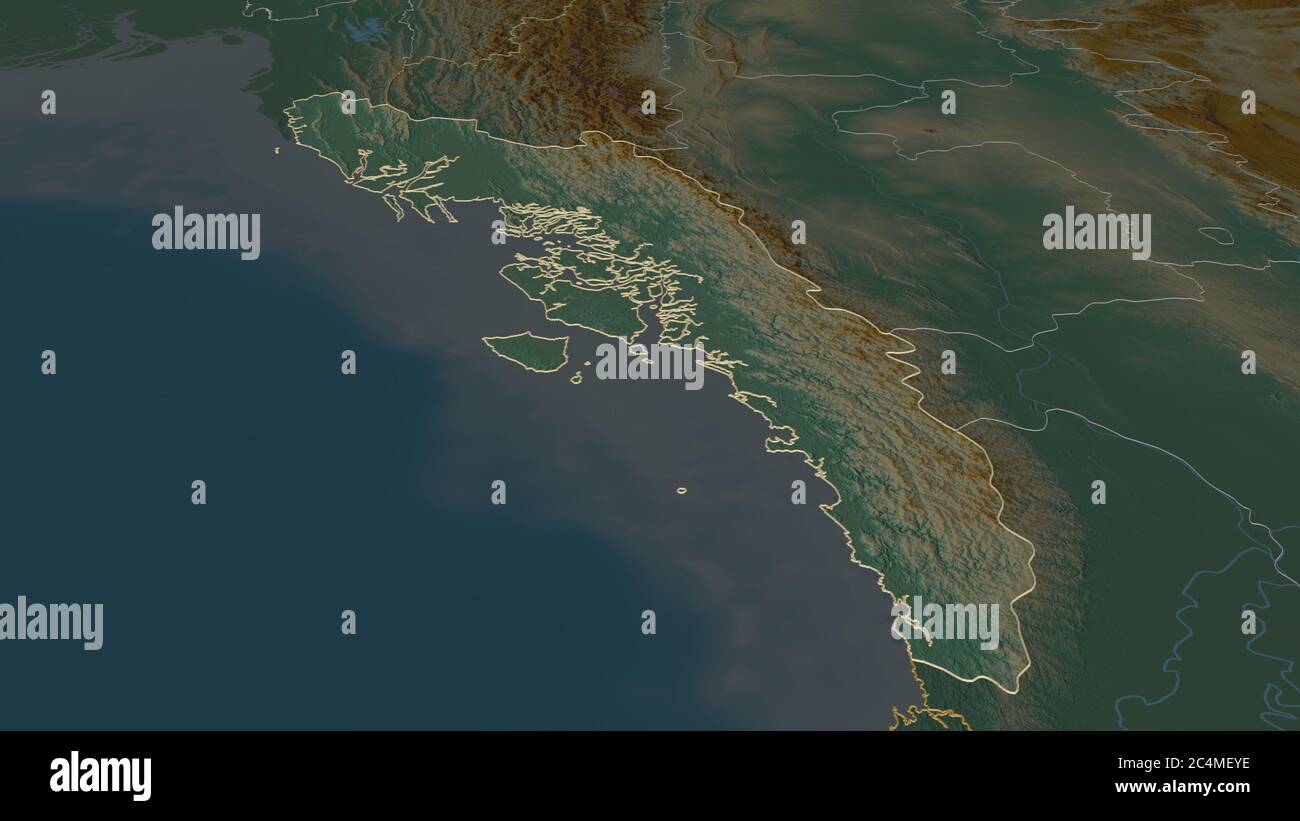Zoom in on Rakhine (state of Myanmar) outlined. Oblique perspective ...