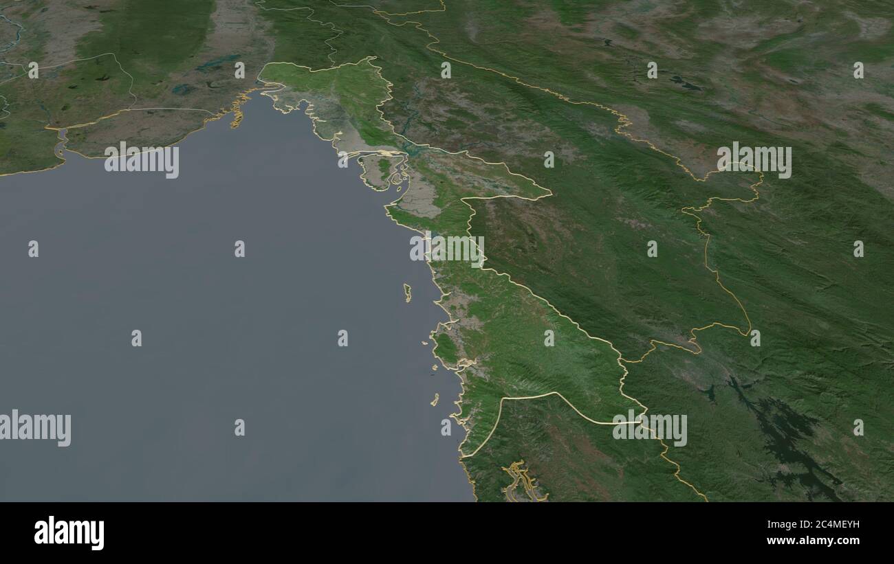 Zoom in on Mon (state of Myanmar) outlined. Oblique perspective ...