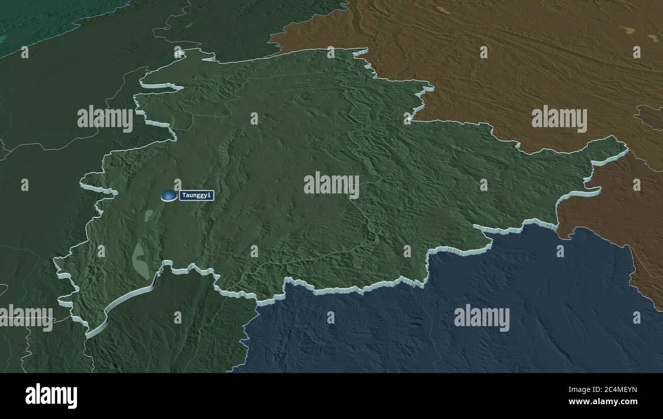 Zoom in on Shan (state of Myanmar) extruded. Oblique perspective ...