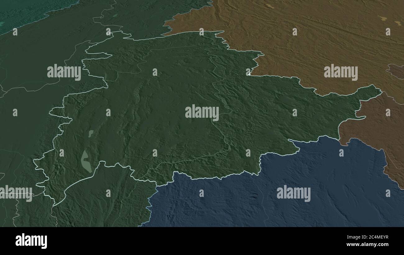 Zoom in on Shan (state of Myanmar) outlined. Oblique perspective ...