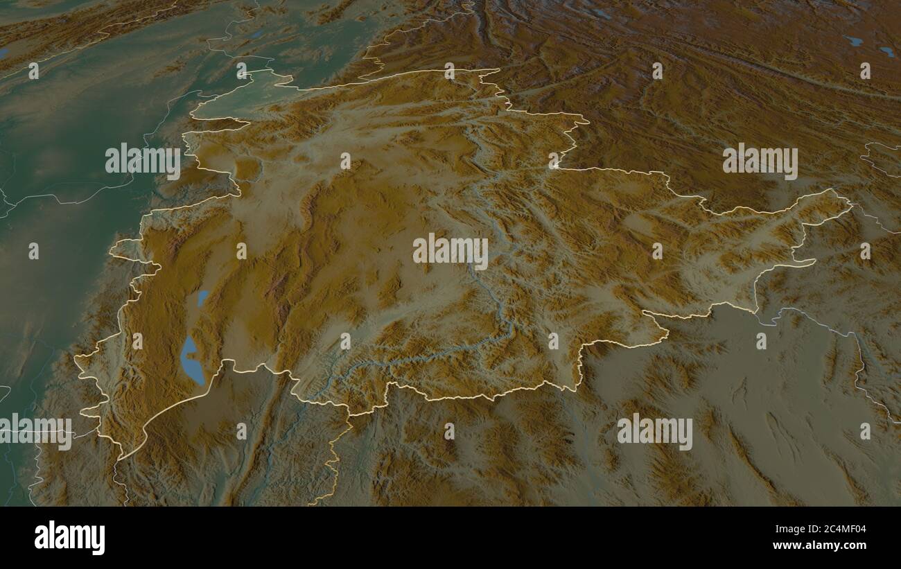 Zoom in on Shan (state of Myanmar) outlined. Oblique perspective ...